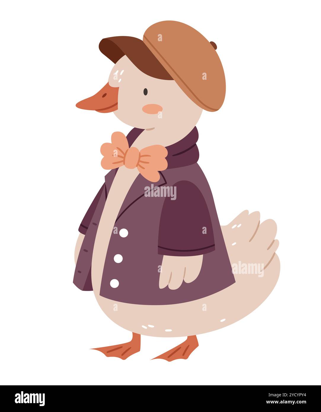 Cute cartoon duck with bow and cap in vintage style in pastel brown ...