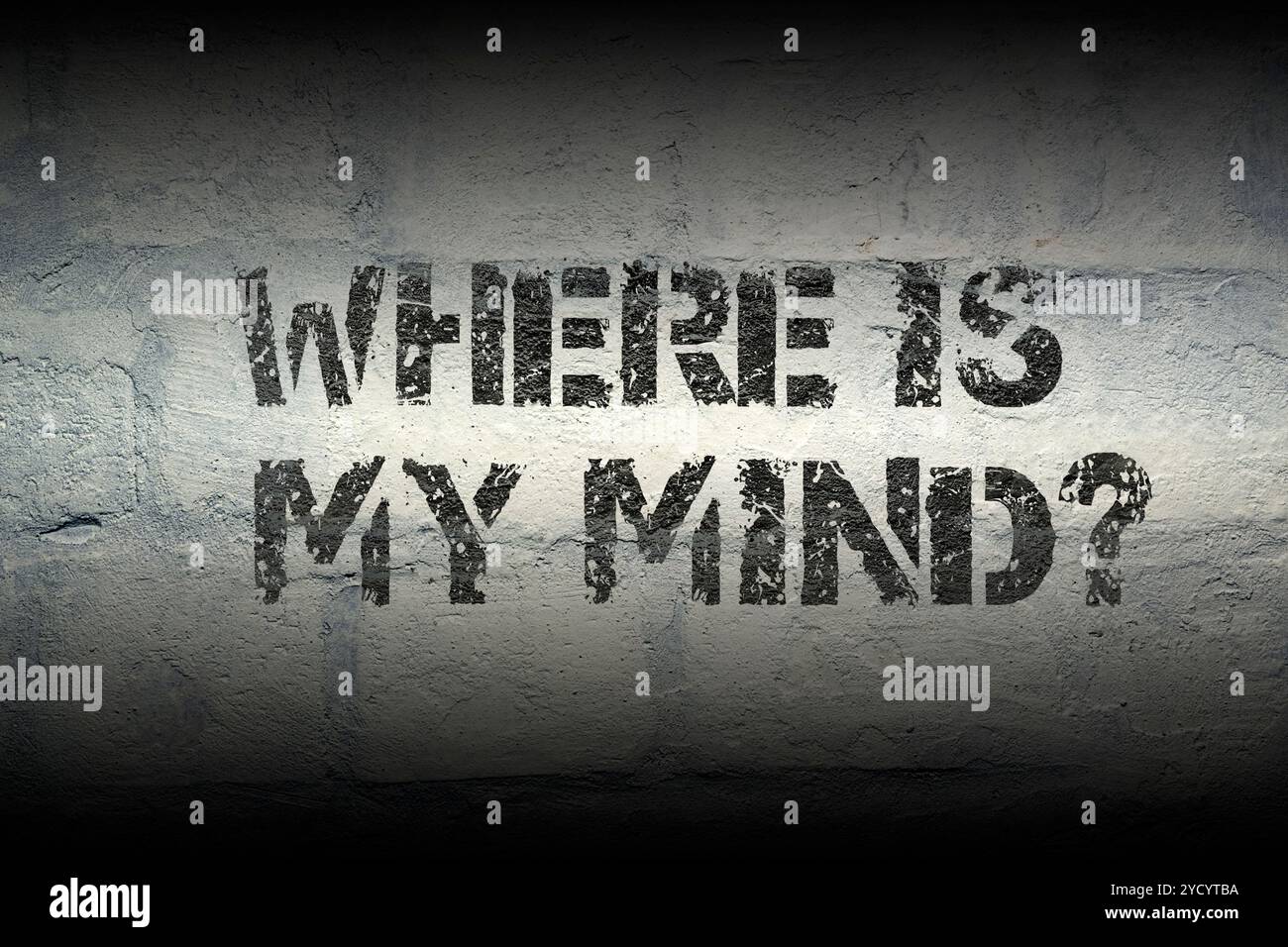 where is my mind question stencil print on the grunge white brick wall ...