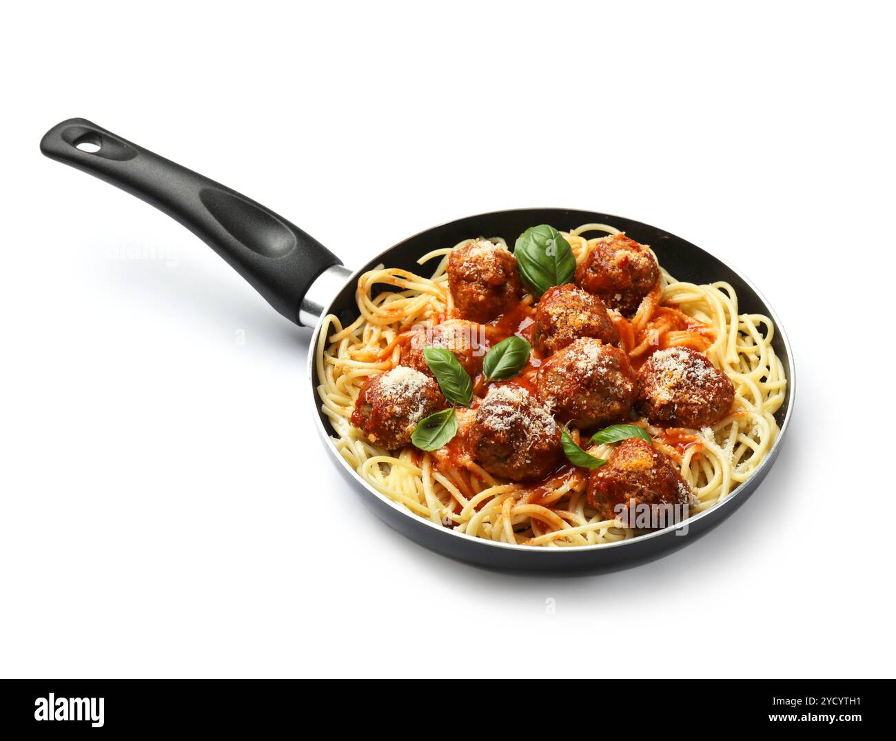 Delicious pasta with meatballs in frying pan isolated on white Stock ...
