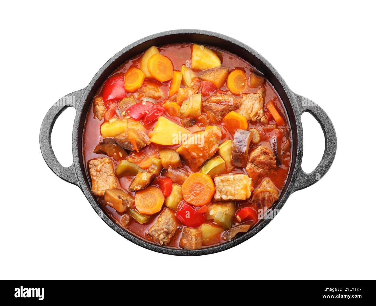 Delicious stew with vegetables in pot isolated on white, top view Stock ...