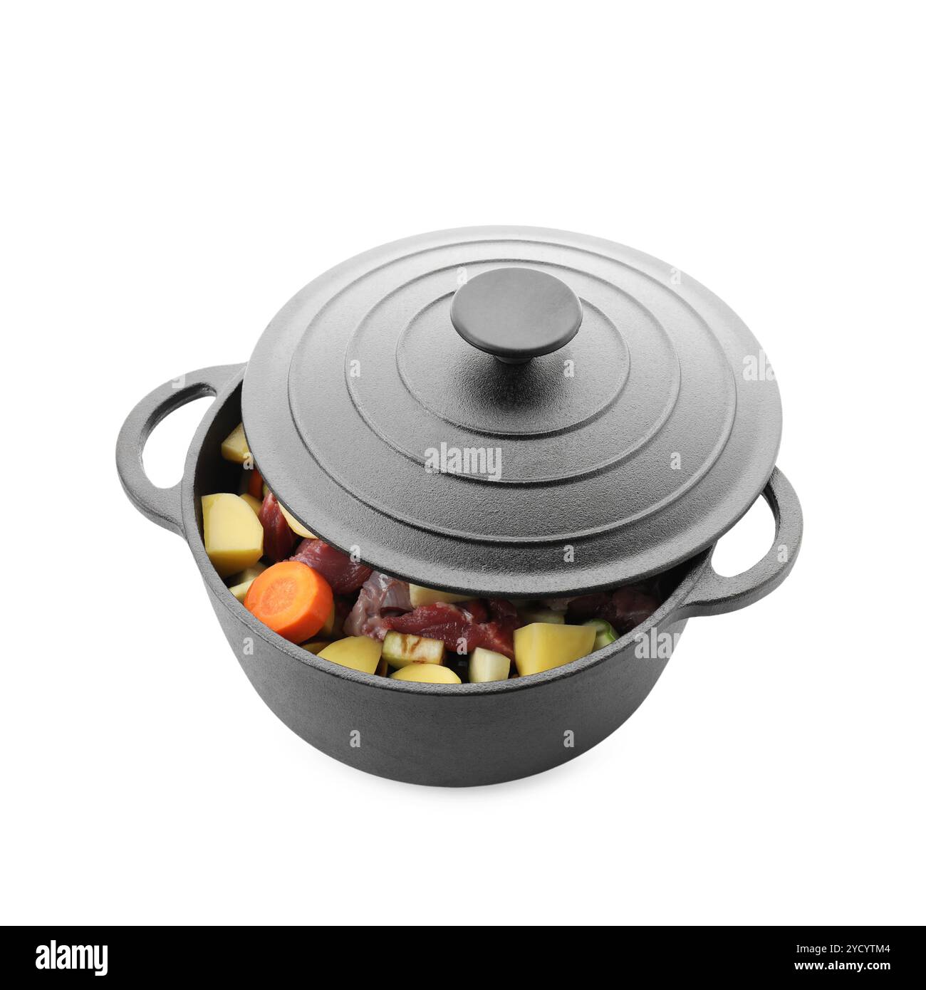 Cooking stew. Uncooked meat and vegetables in pot isolated on white ...