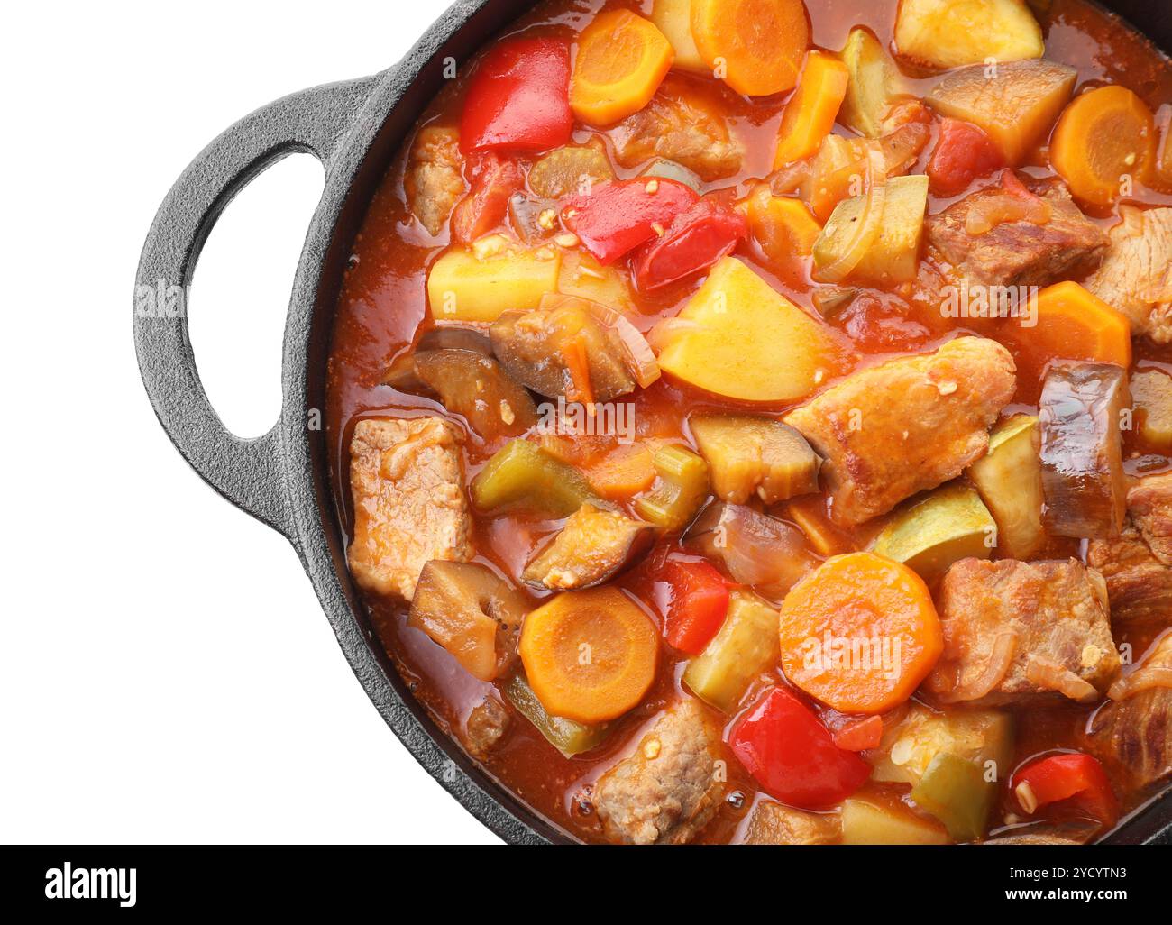 Delicious stew with vegetables in pot isolated on white, top view Stock ...