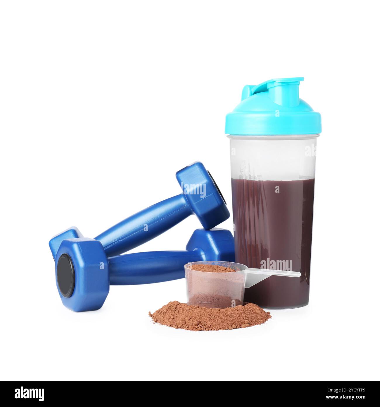 Protein powder, shaker and dumbbells isolated on white Stock Photo - Alamy