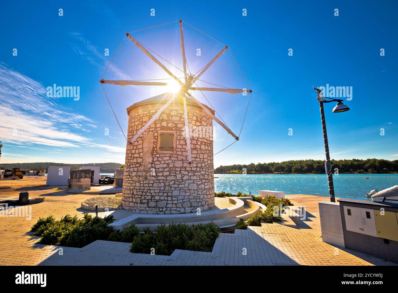 Town of Medulin windmill landmark and waterfront view, Istria region of ...