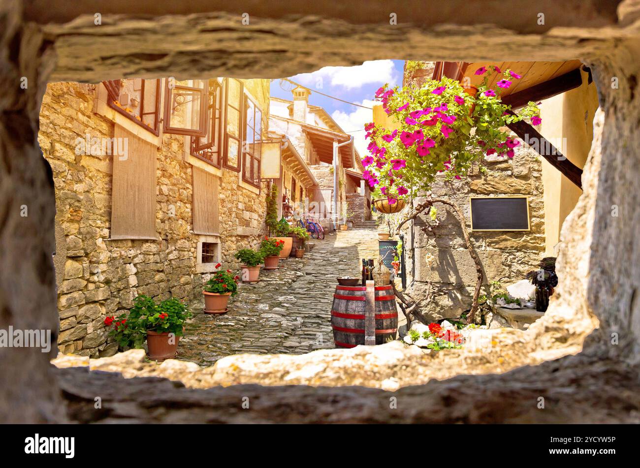 Town of Hum colorful old stone street view through stone window Stock ...