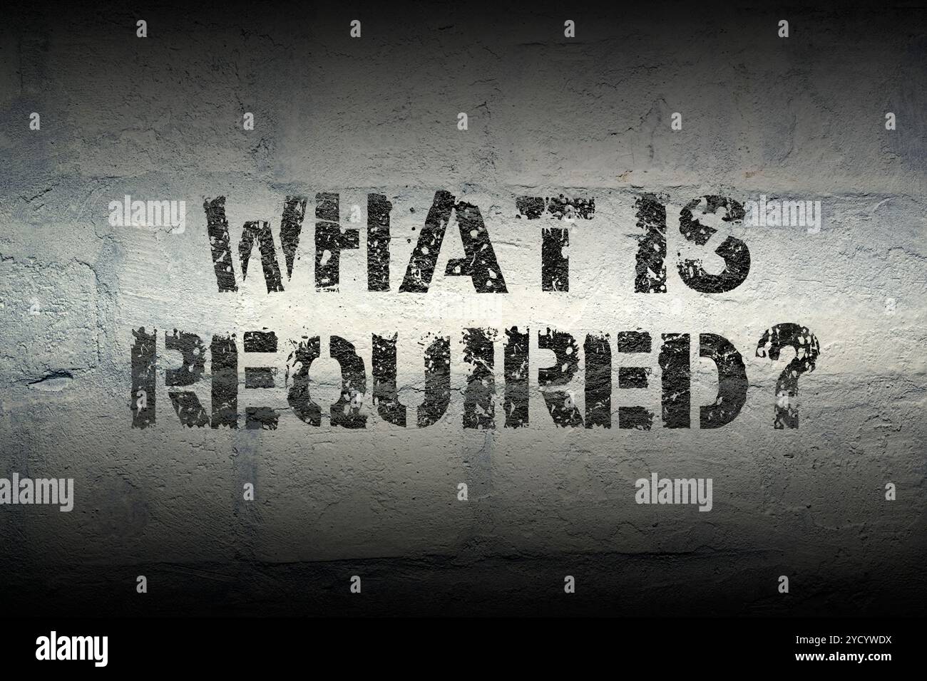 what is required question stencil print on the grunge white brick wall ...