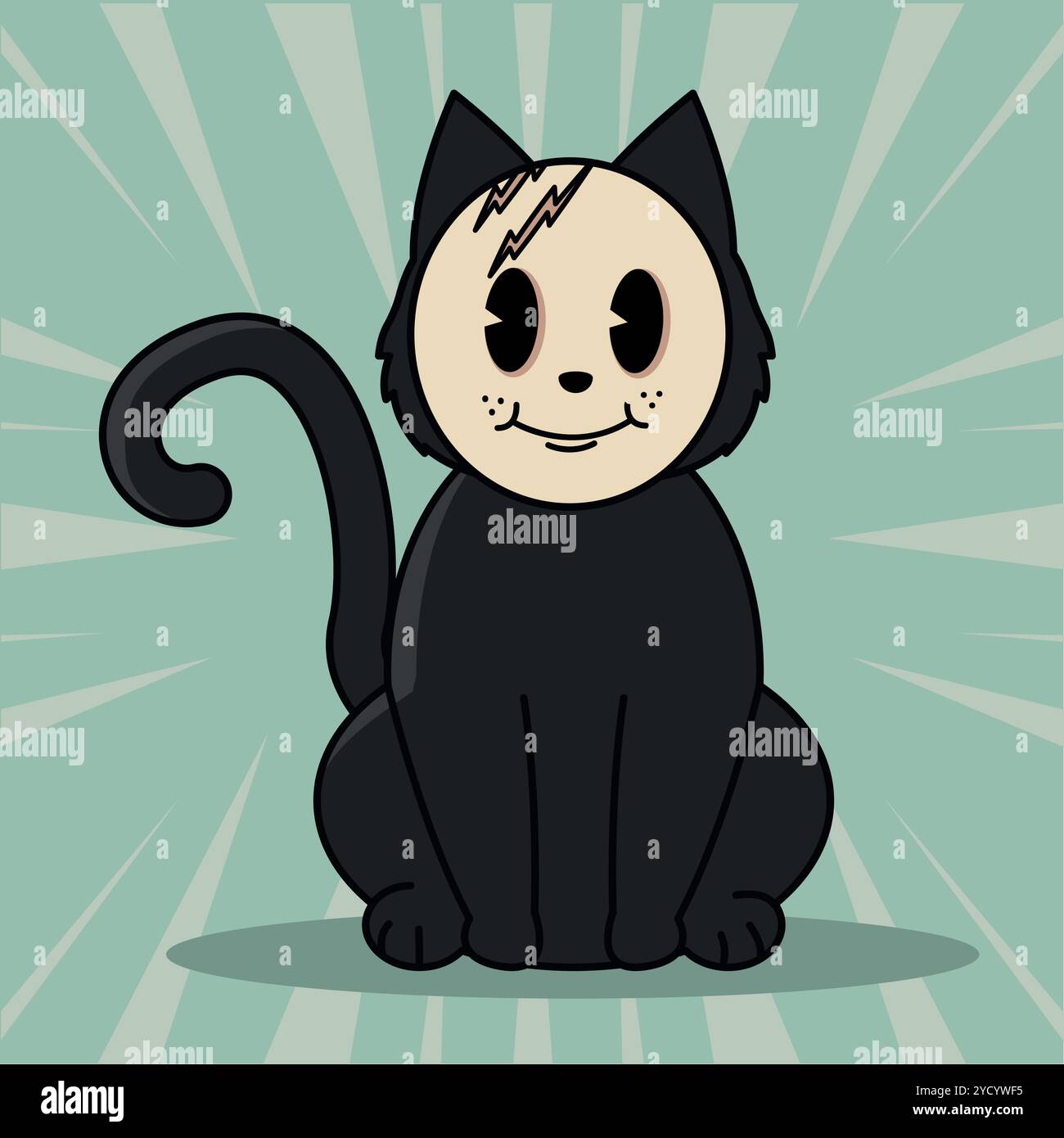 Black cat cartoon with scarred mask face and sitting posture, Vector ...