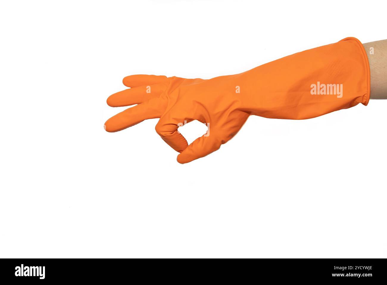 Ok sign of orange rubber gloves. Preparing for cleaning. Hands clean ...