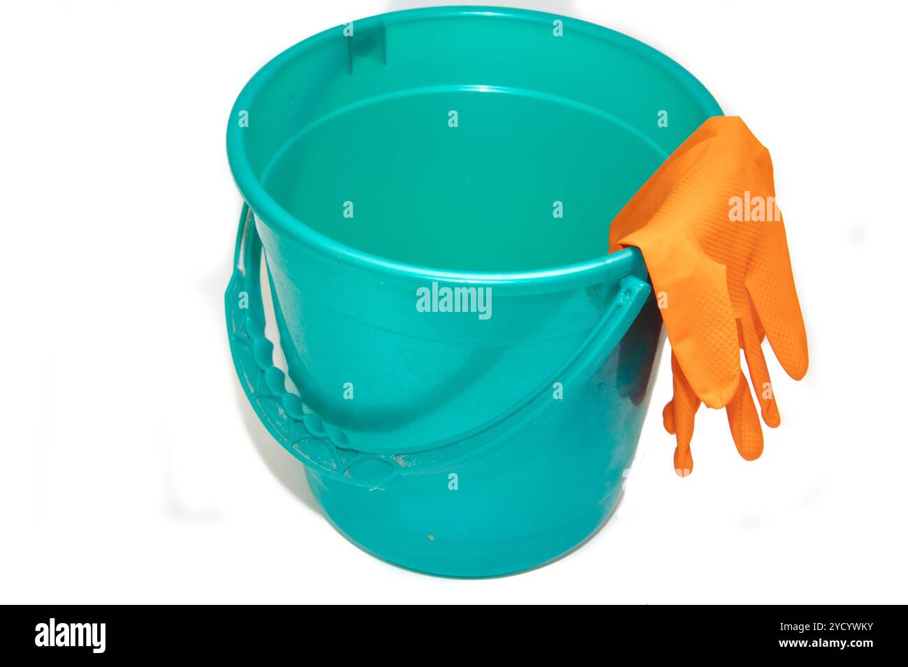 A bucket on a white background. bucket. Plastic blue and green bucket ...