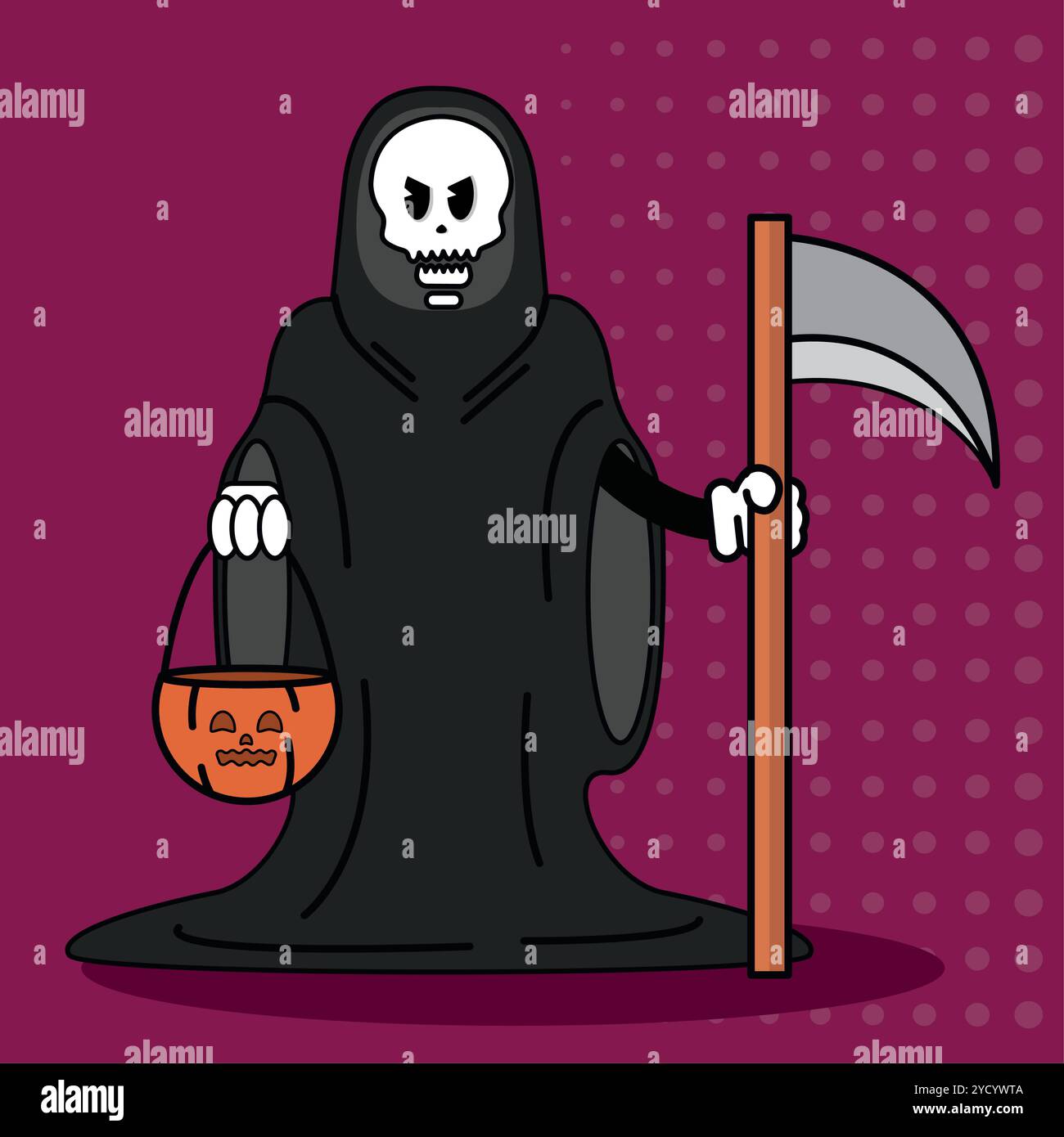 Grim reaper character holding scythe and pumpkin bucket, Vector Stock ...