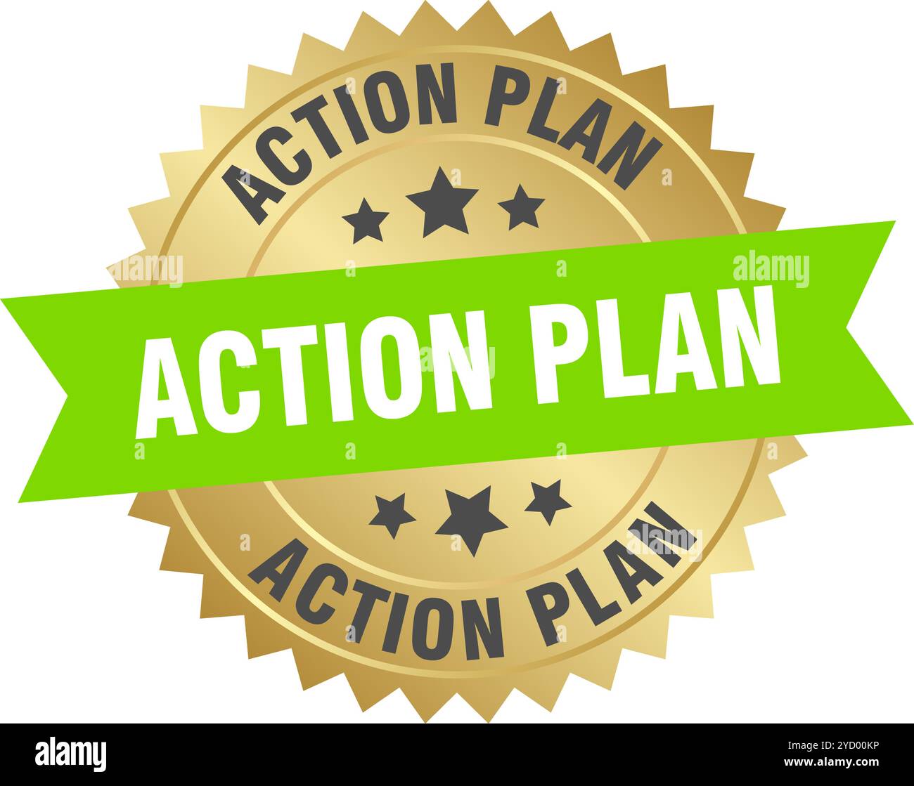 action plan round green and gold label isolated on transparent ...