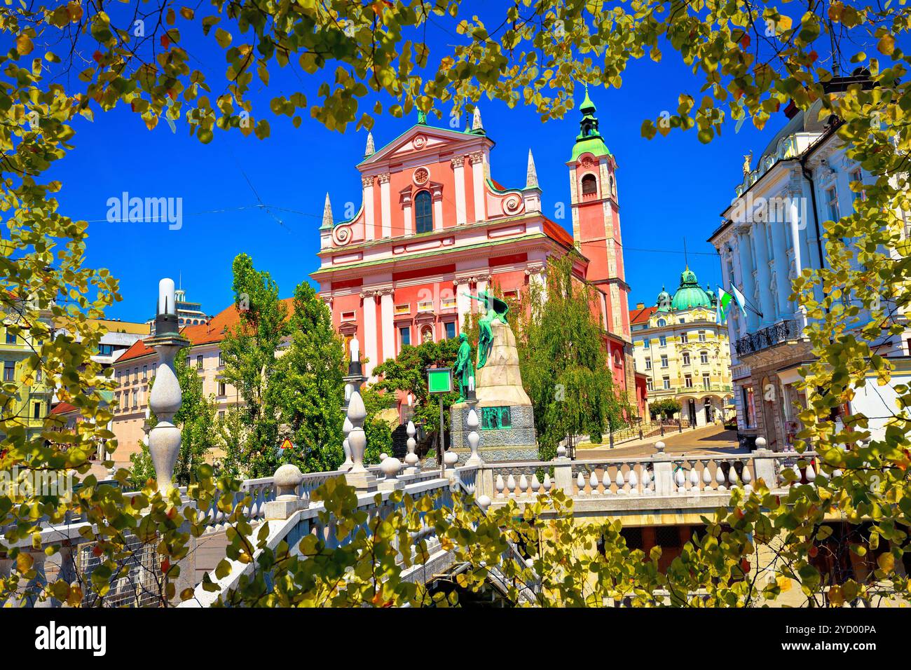 Presern square in Ljubljana riverfront view through leaf frame Stock ...