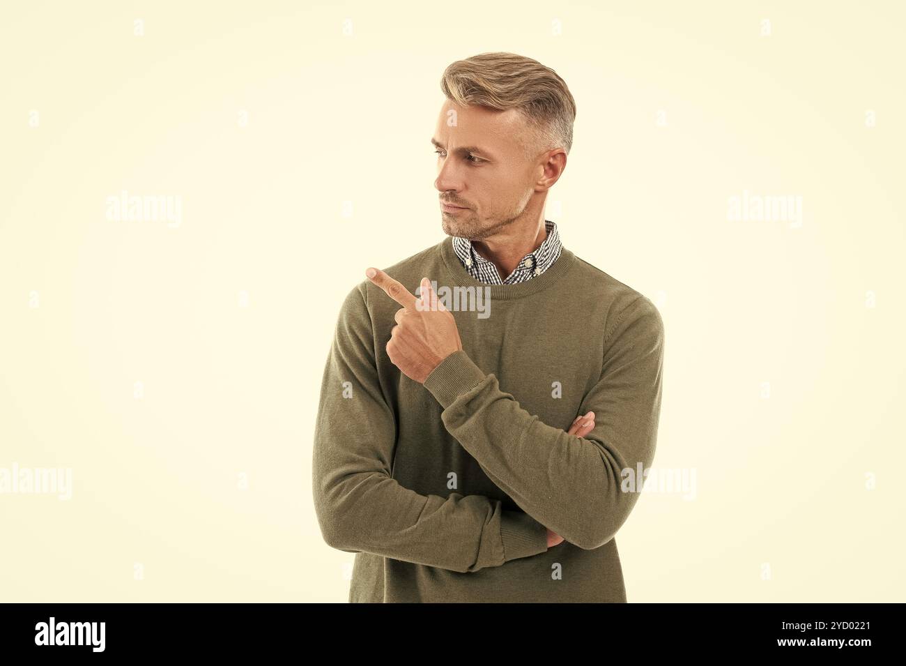 mature grizzled guy with stubble pointing finger isolated on white ...