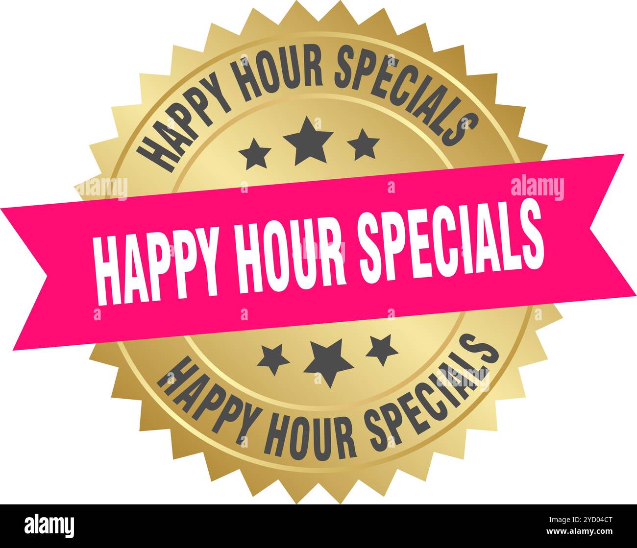 happy hour specials round pink and gold label isolated on transparent ...