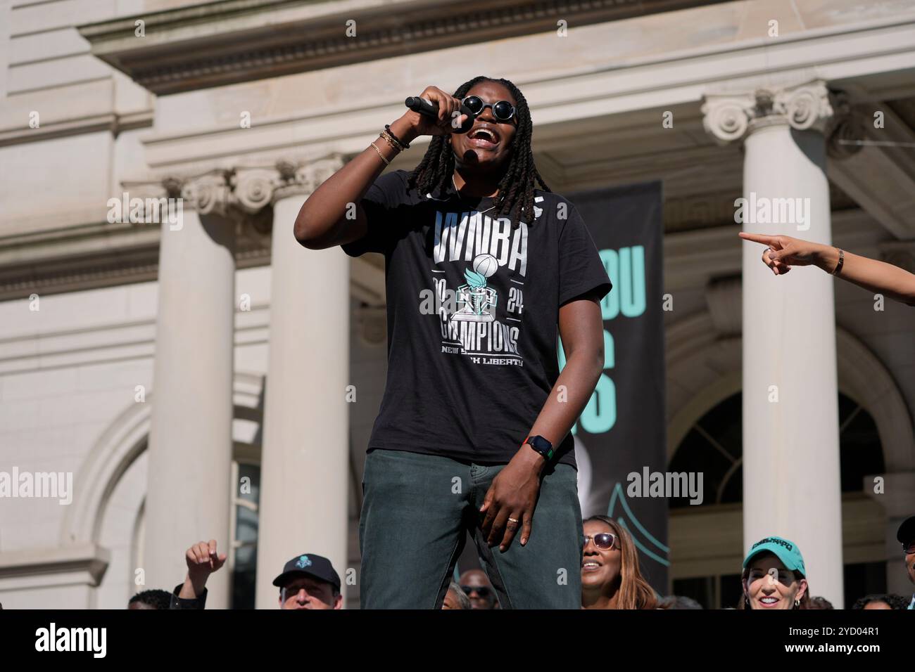 New York Liberty MVP Jonquel Jones celebrates during a ceremony in ...