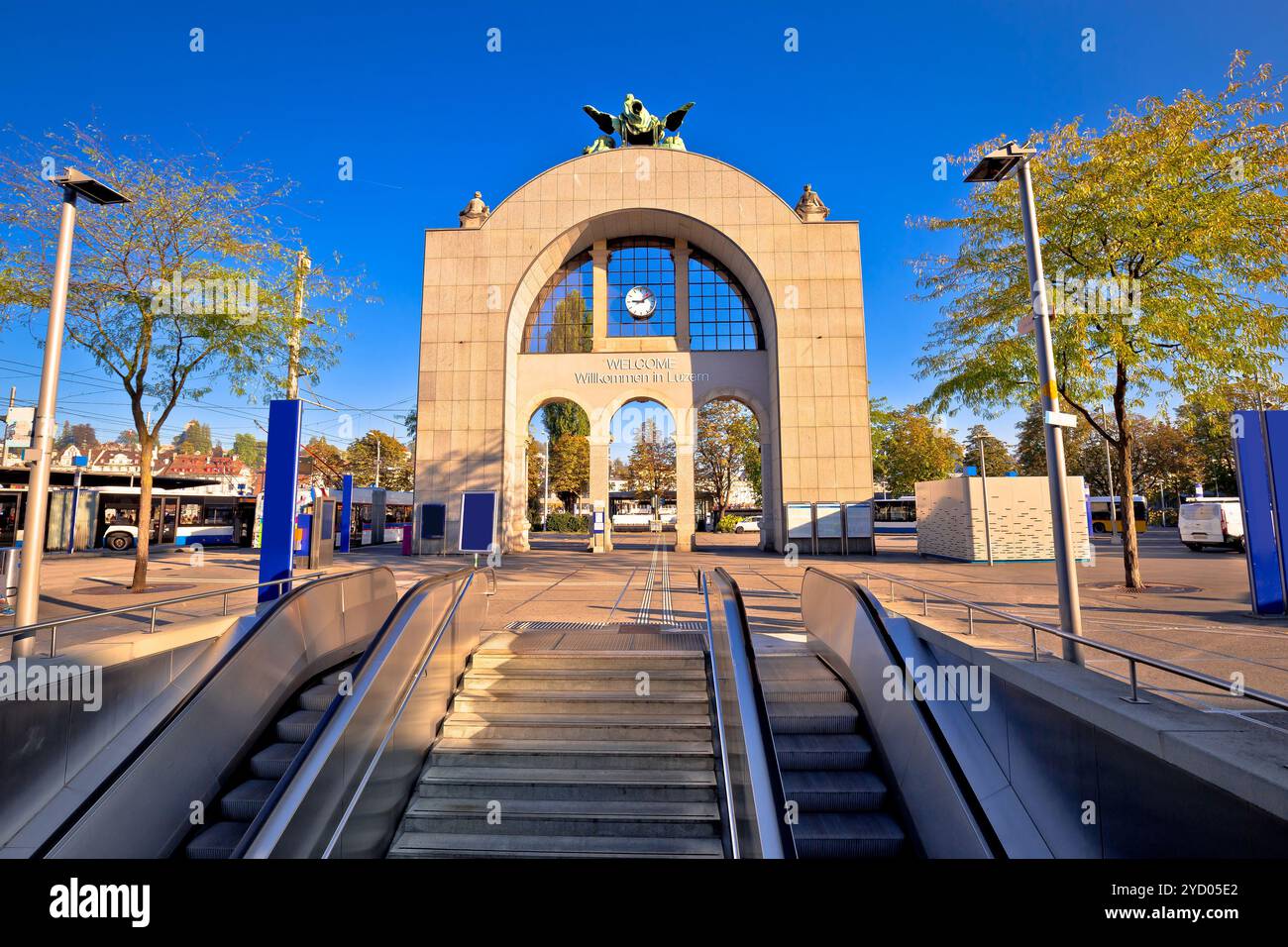Town of Lucerne old train station arch with welome sign view Stock ...