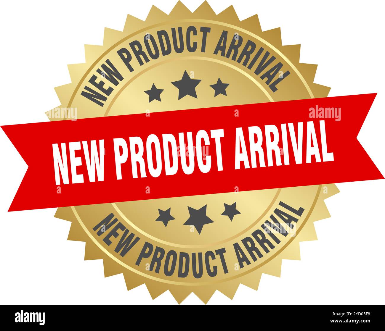 new product arrival round red and gold label isolated on transparent ...