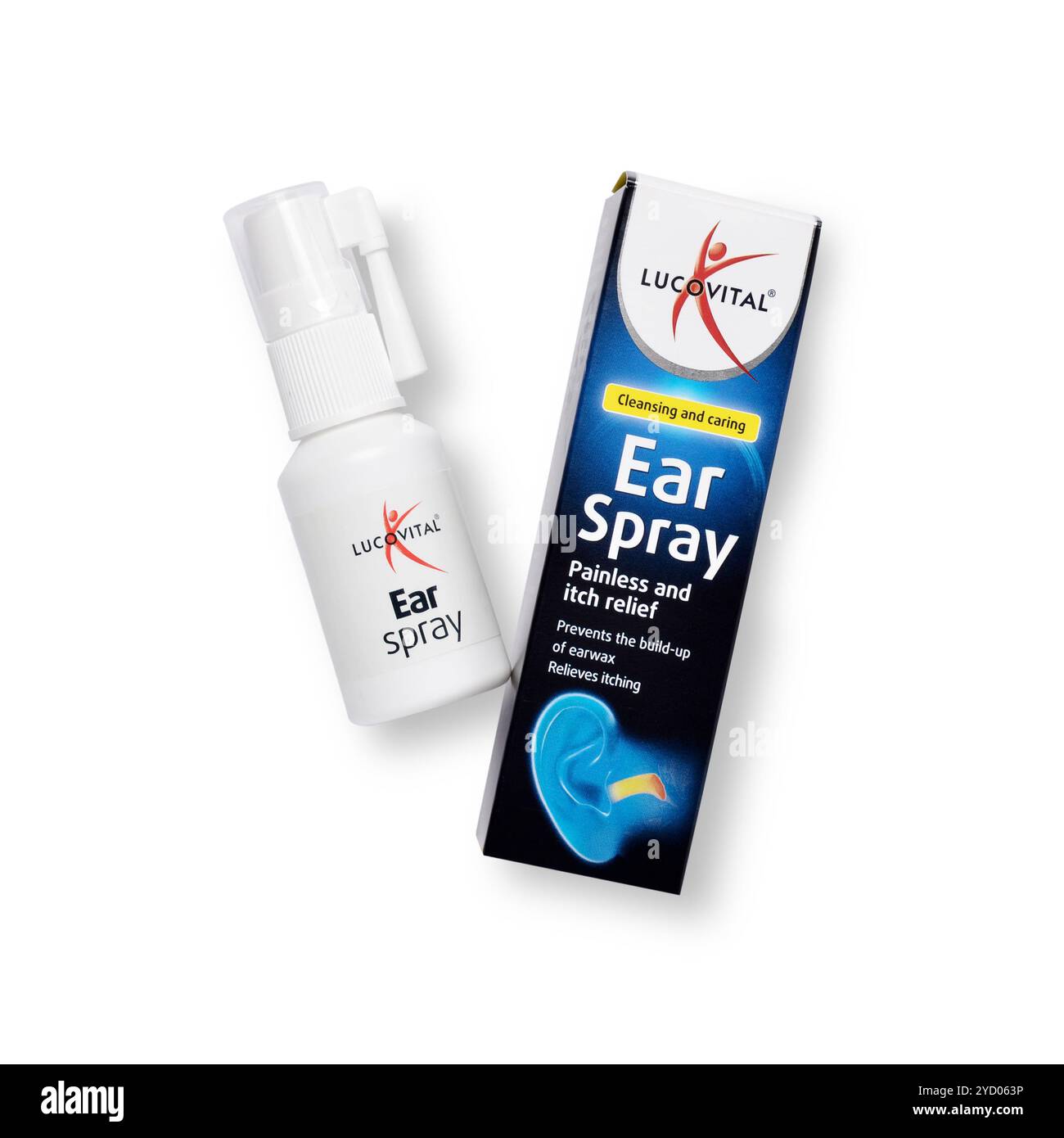 Lucovital brand of itch relief ear spray, spray bottle at side of box top view ispolated on ...