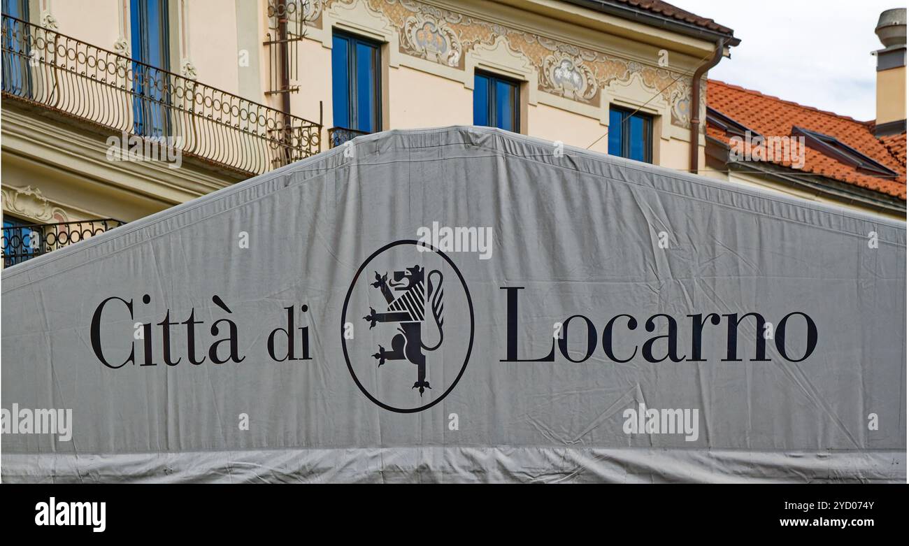 City of Locarno sign, printed on grey awning, lion logo, Citta di ...