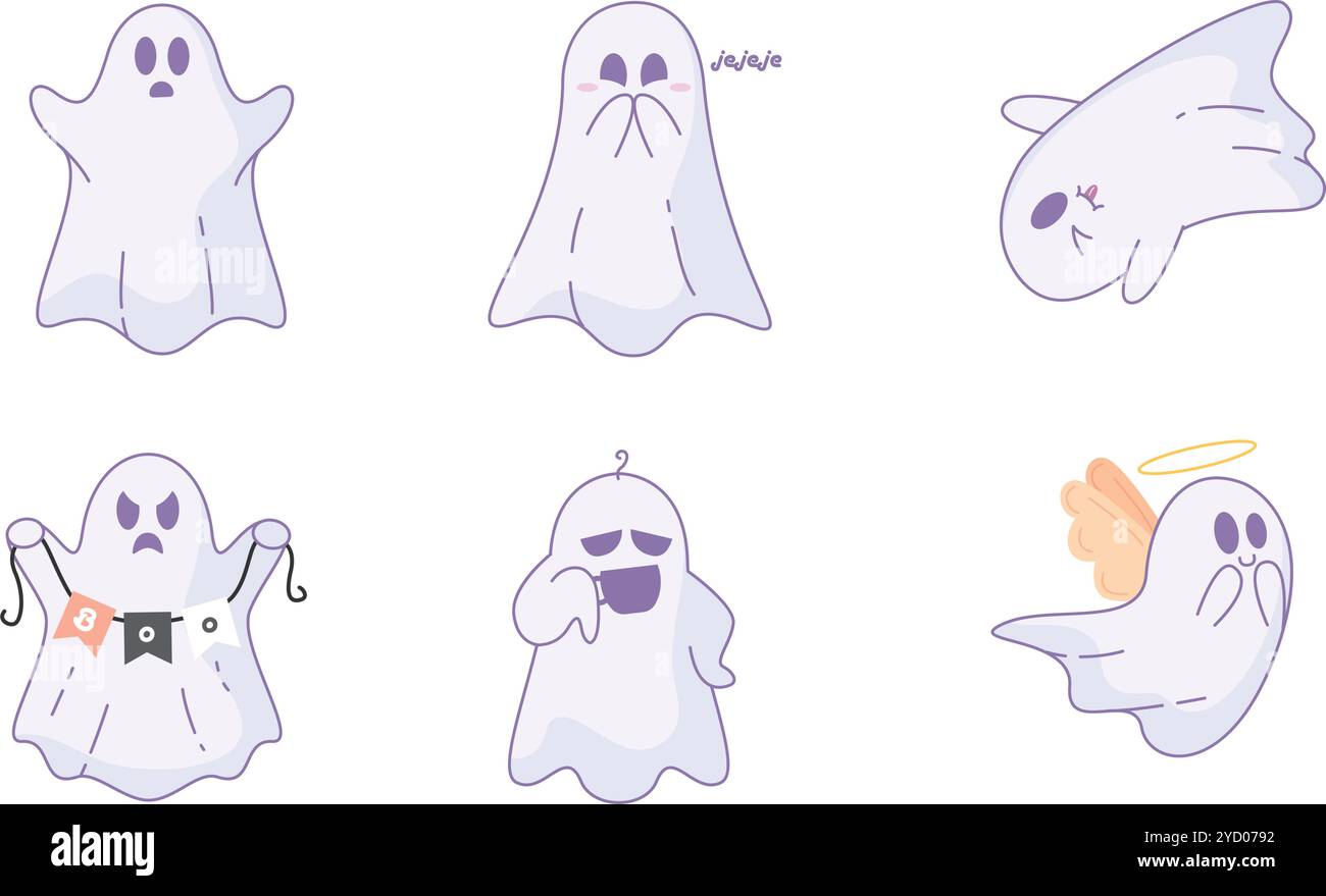 Black and white Halloween ghost icons with expressions, Vector Stock ...