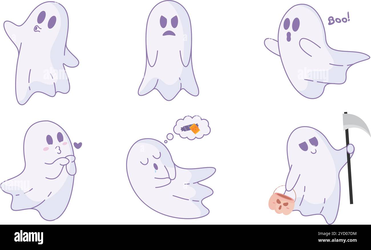 Cute Halloween ghost icons with various expressions, Vector Stock ...