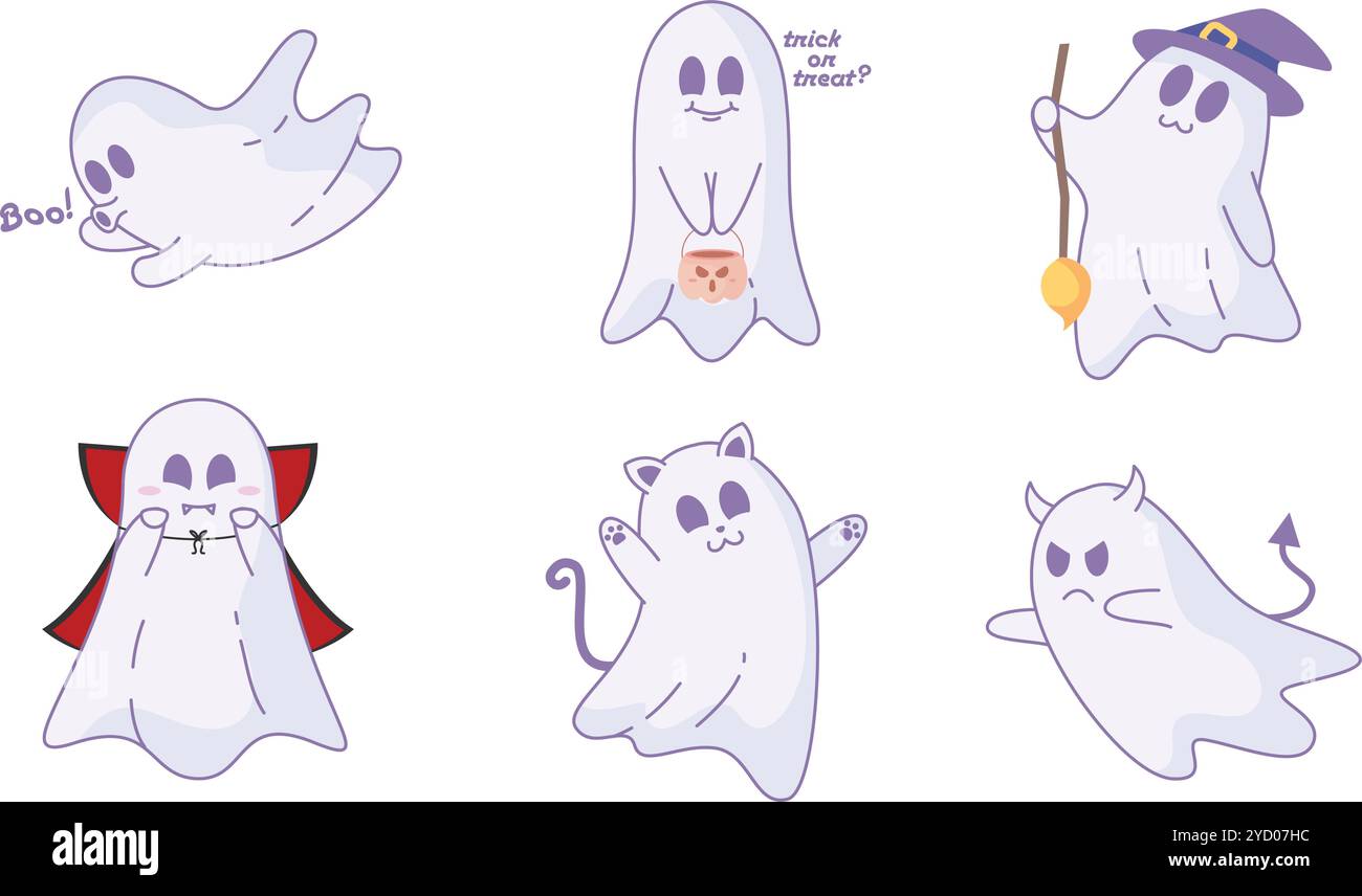 Cute Halloween ghost pattern with various expressions, Vector Stock ...