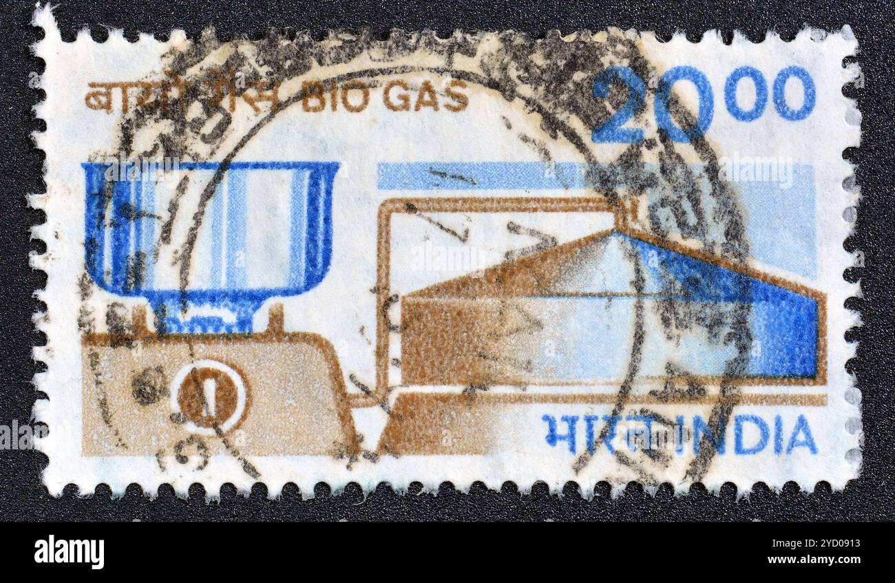 Cancelled postage stamp printed by India, that shows Bio Gas Production ...