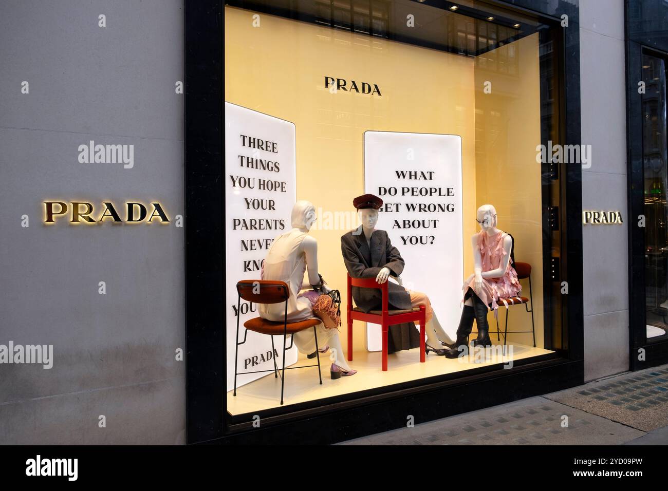 Exterior view fashion designer Prada window display windows mannequins ...