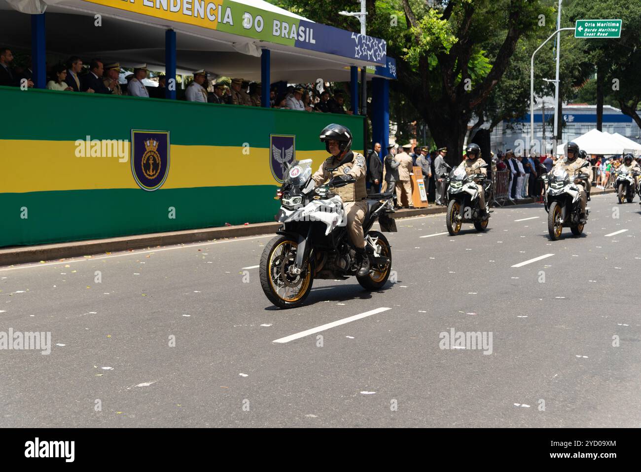 Salvador, Bahia, Brazil - September 07, 2024: Military police officers are seen parading on ...