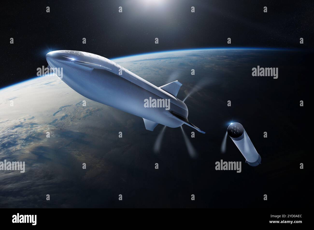 Starship is flying in outer space on Earth planet background. Elements ...