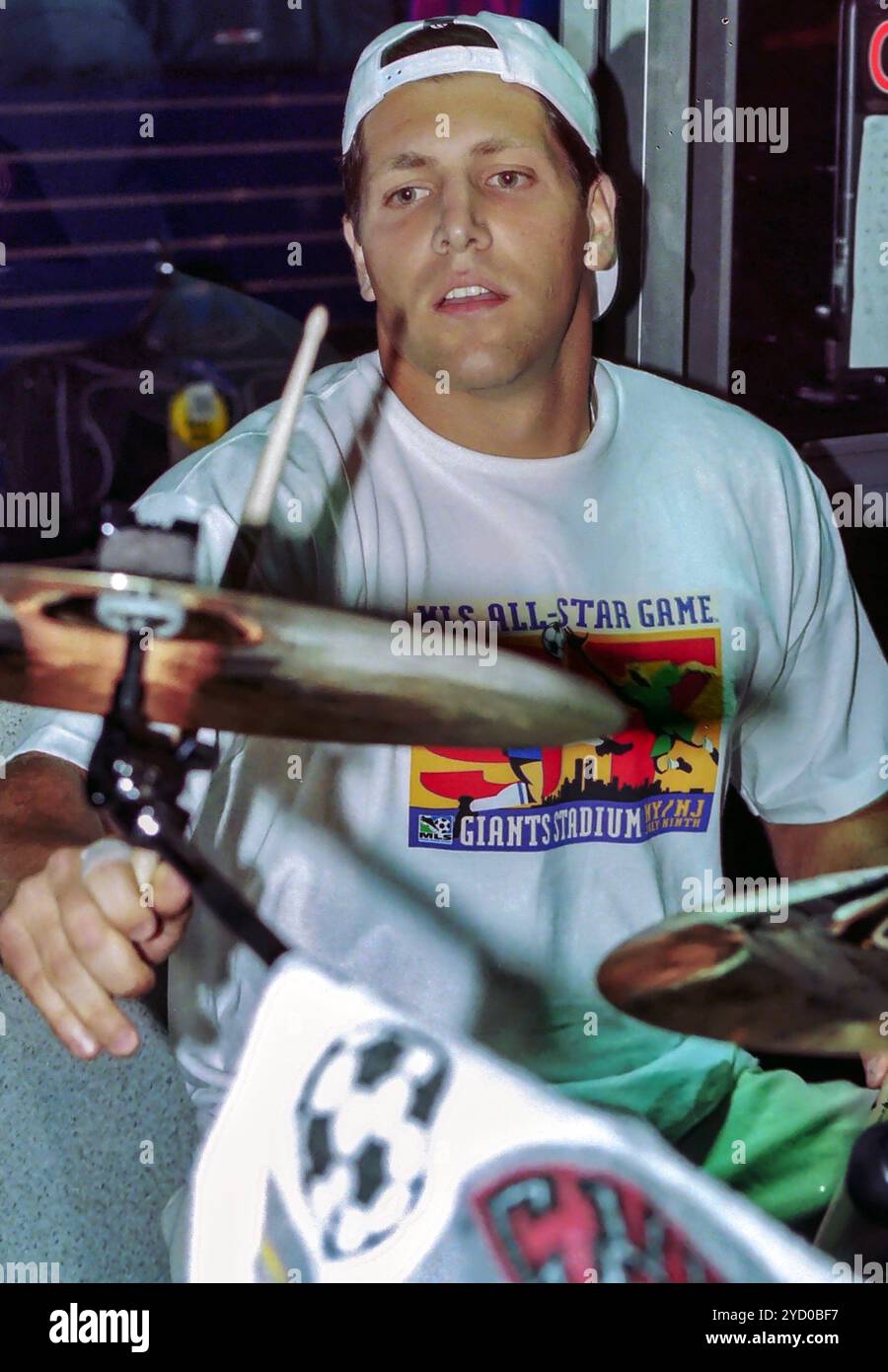 Tony Meola on the drums at a party before the MLS All-Star game at ...