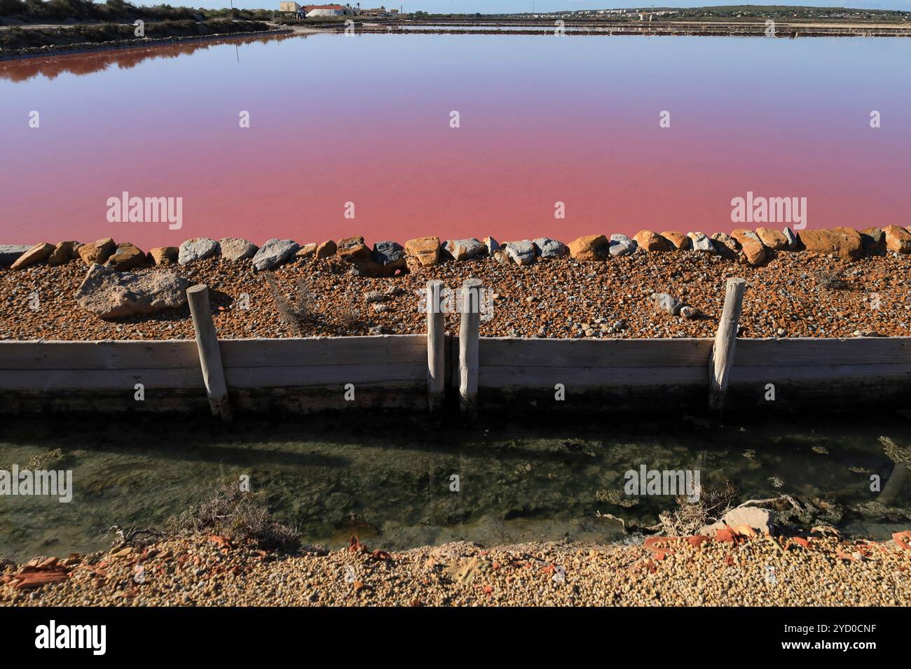 Retaining dikes in the pink lagoon of the Saltworks of the natural park ...
