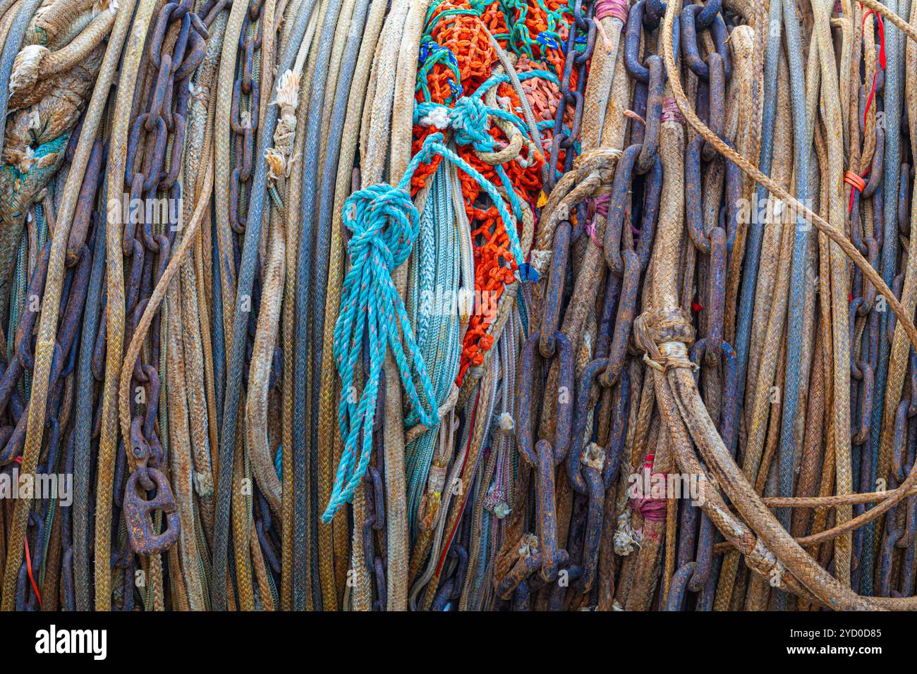 Ropes and chains wound on a large fishing boat spool drum in Steveston ...