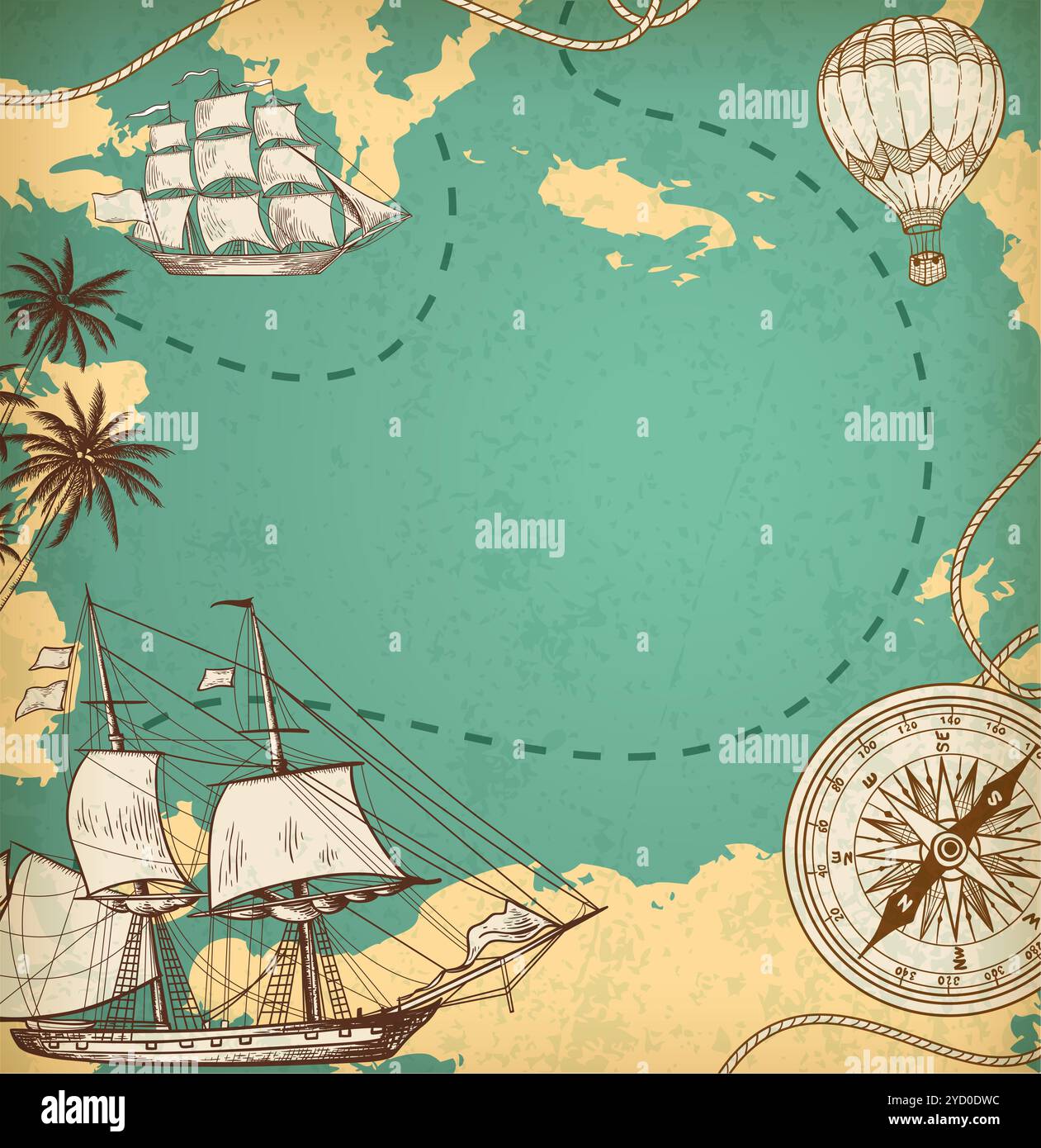 Vintage marine background with air balloon and sailing vessels. Ancient ...