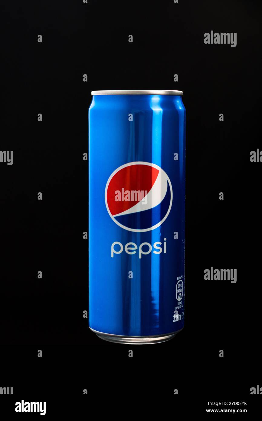 Editorial photo of classic Pepsi can on black background. Studio shot ...