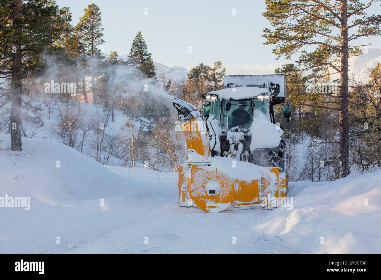 Snow plow tractor with rear-mounted snowblower cleaning a snowy ...