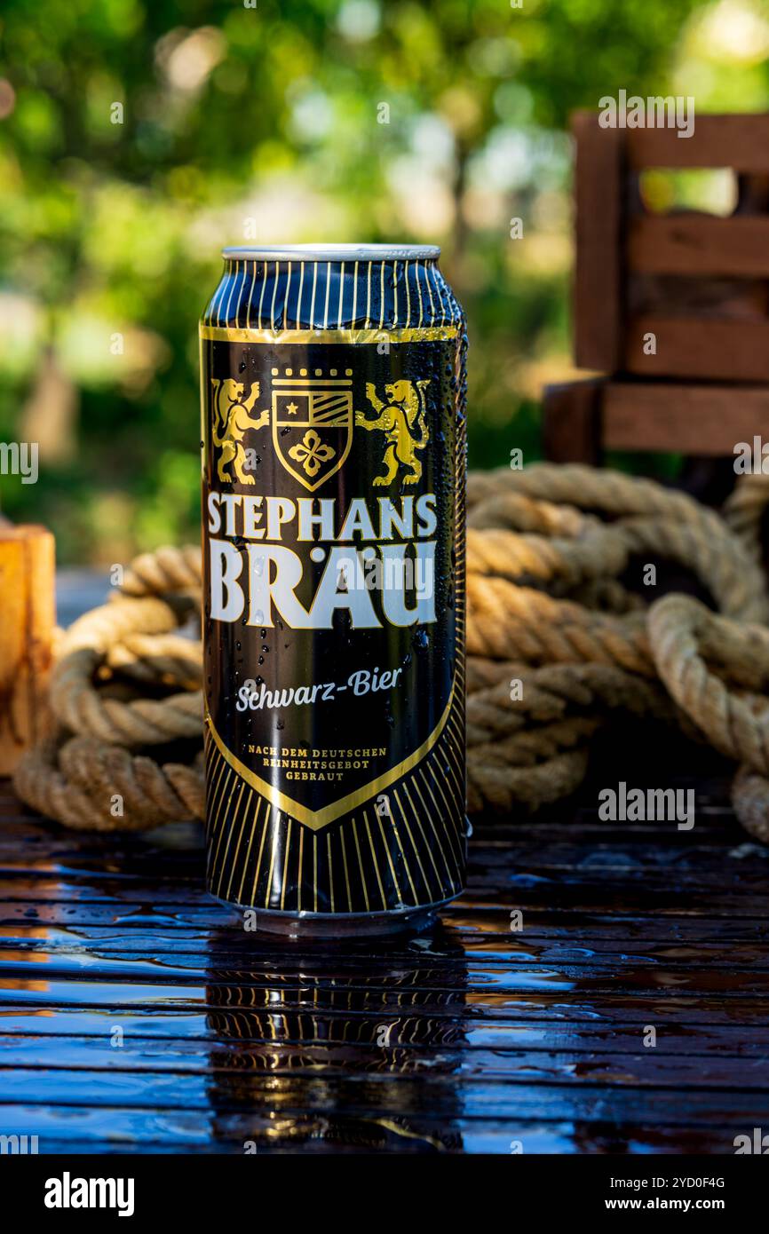 Stephans Brau beer can - condensation water droplets, outdoors ...