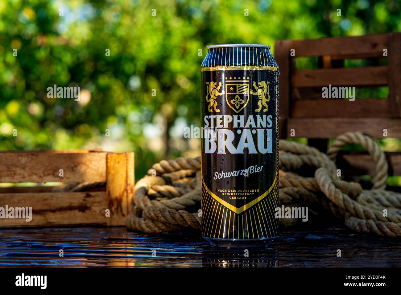 Stephans Brau beer can - condensation water droplets, outdoors ...