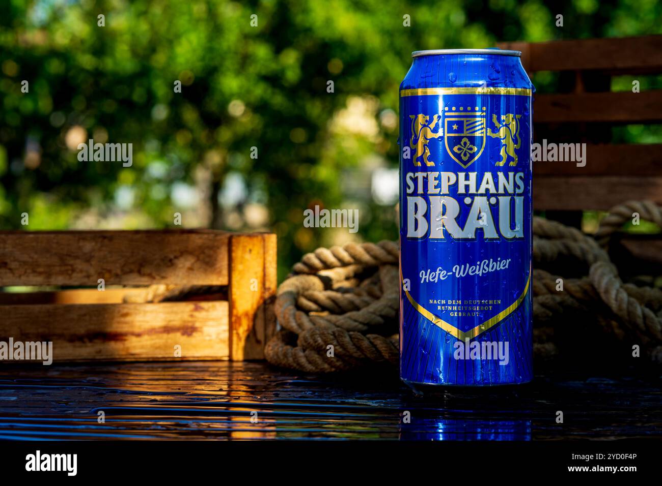 Stephans Brau beer can - condensation water droplets, outdoors ...