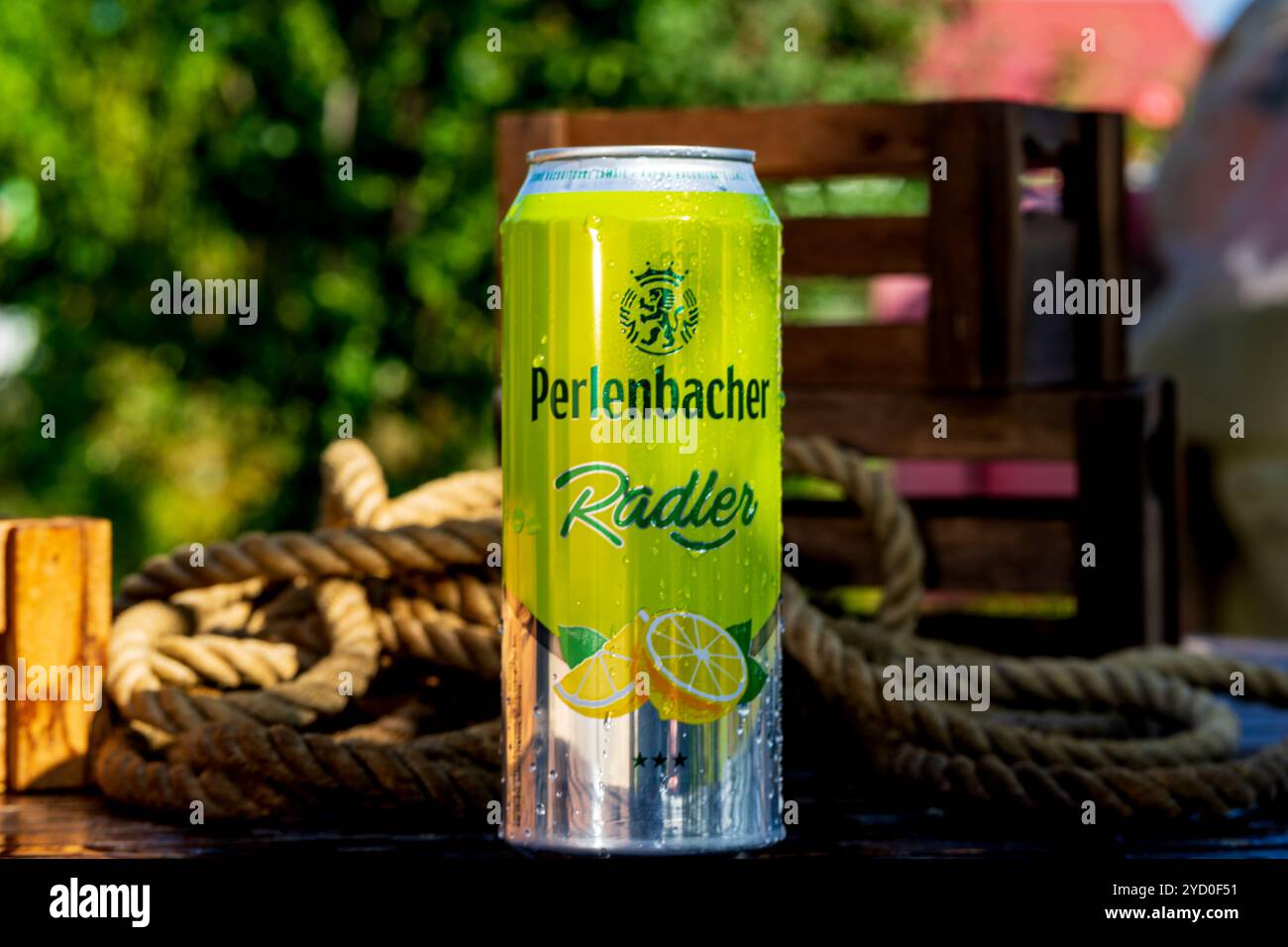 Perlenbacher Radler beer can - condensation water droplets, outdoors ...