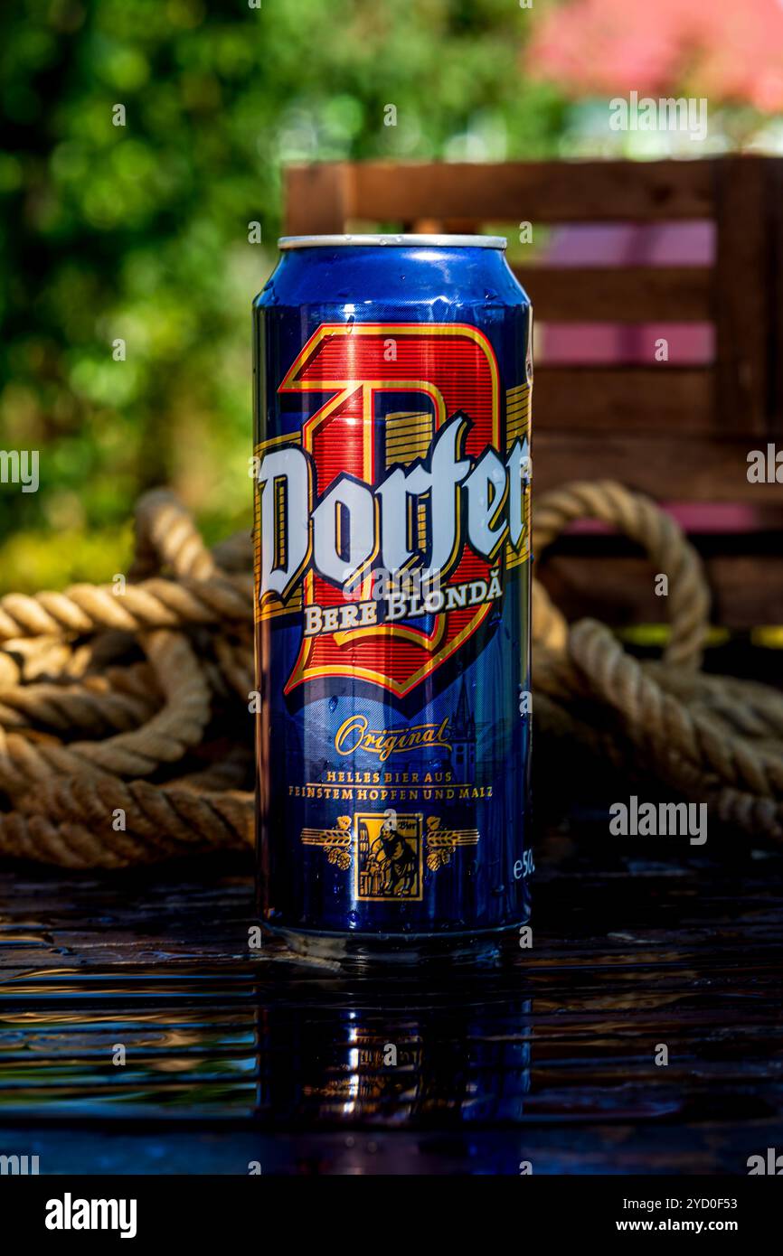 Dorfer beer can - condensation water droplets, outdoors background ...