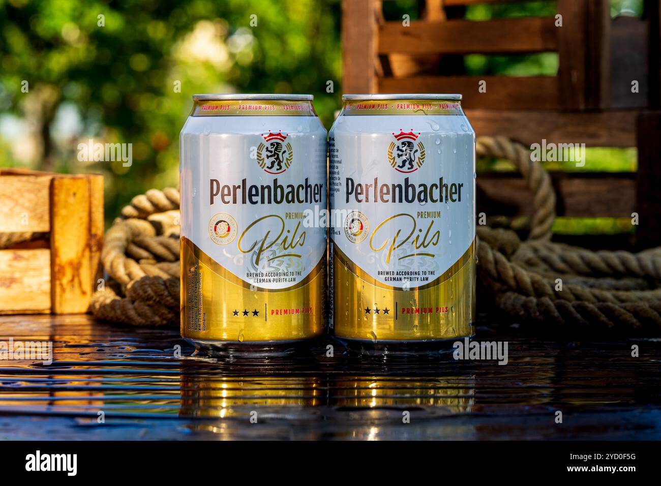 Perlenbacher beer can - condensation water droplets, outdoors ...