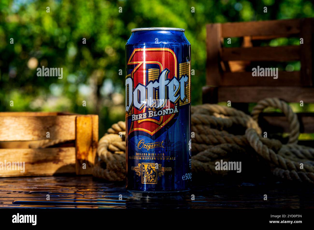 Dorfer beer can - condensation water droplets, outdoors background ...