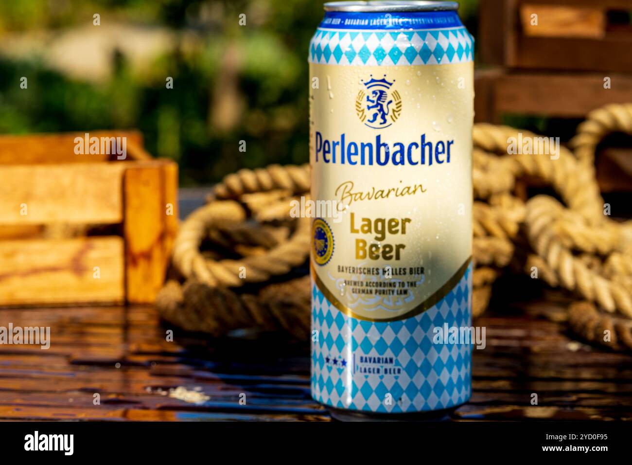 Perlenbacher beer can - condensation water droplets, outdoors background Stock Photo - Alamy