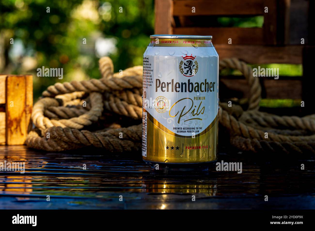 Perlenbacher beer can - condensation water droplets, outdoors ...