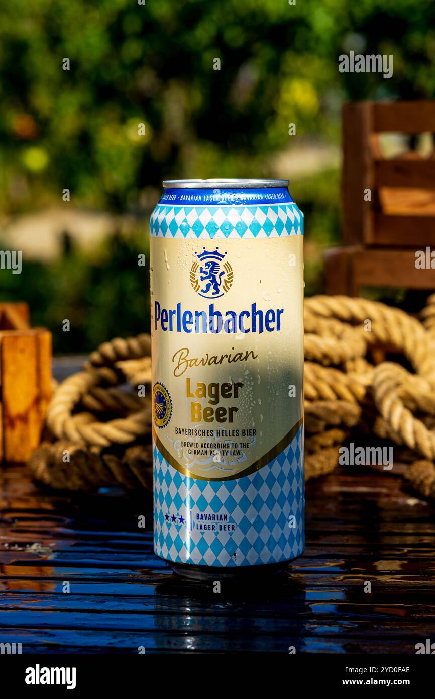 Perlenbacher beer can - condensation water droplets, outdoors ...