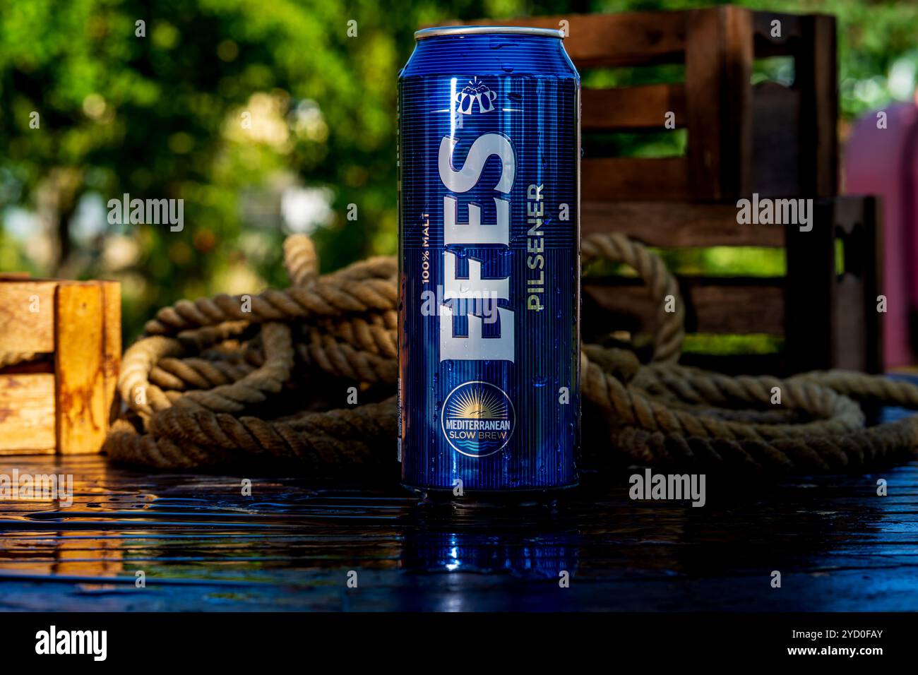 Efes beer can - condensation water droplets, outdoors background Stock ...
