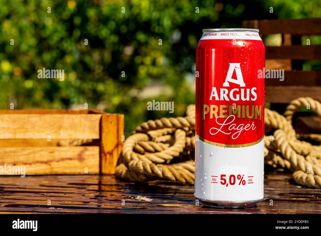 Argus beer can - condensation water droplets, outdoors background Stock ...