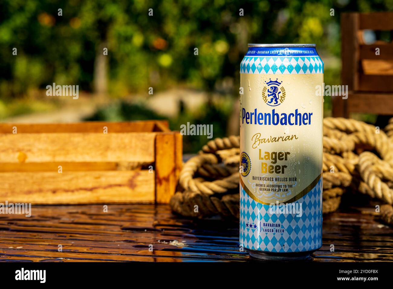 Perlenbacher beer can - condensation water droplets, outdoors ...