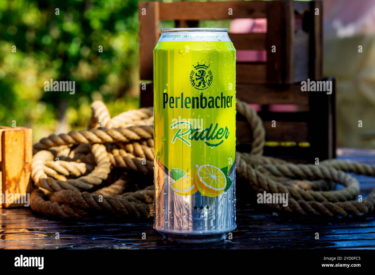 Perlenbacher Radler beer can - condensation water droplets, outdoors ...